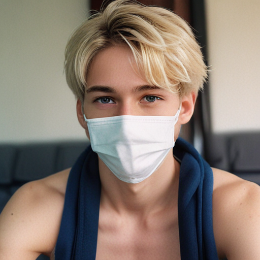slim cute twink with blonde hair, face mask and gloves