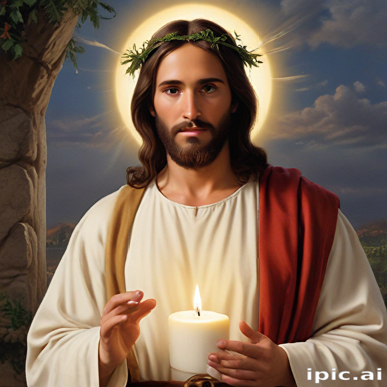 Jesus Holding a Candle with a Serene Expression in a Beautiful Setting
