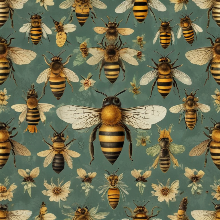 Intricate Pattern of Bees and Flowers Celebrating the Beauty of Nature