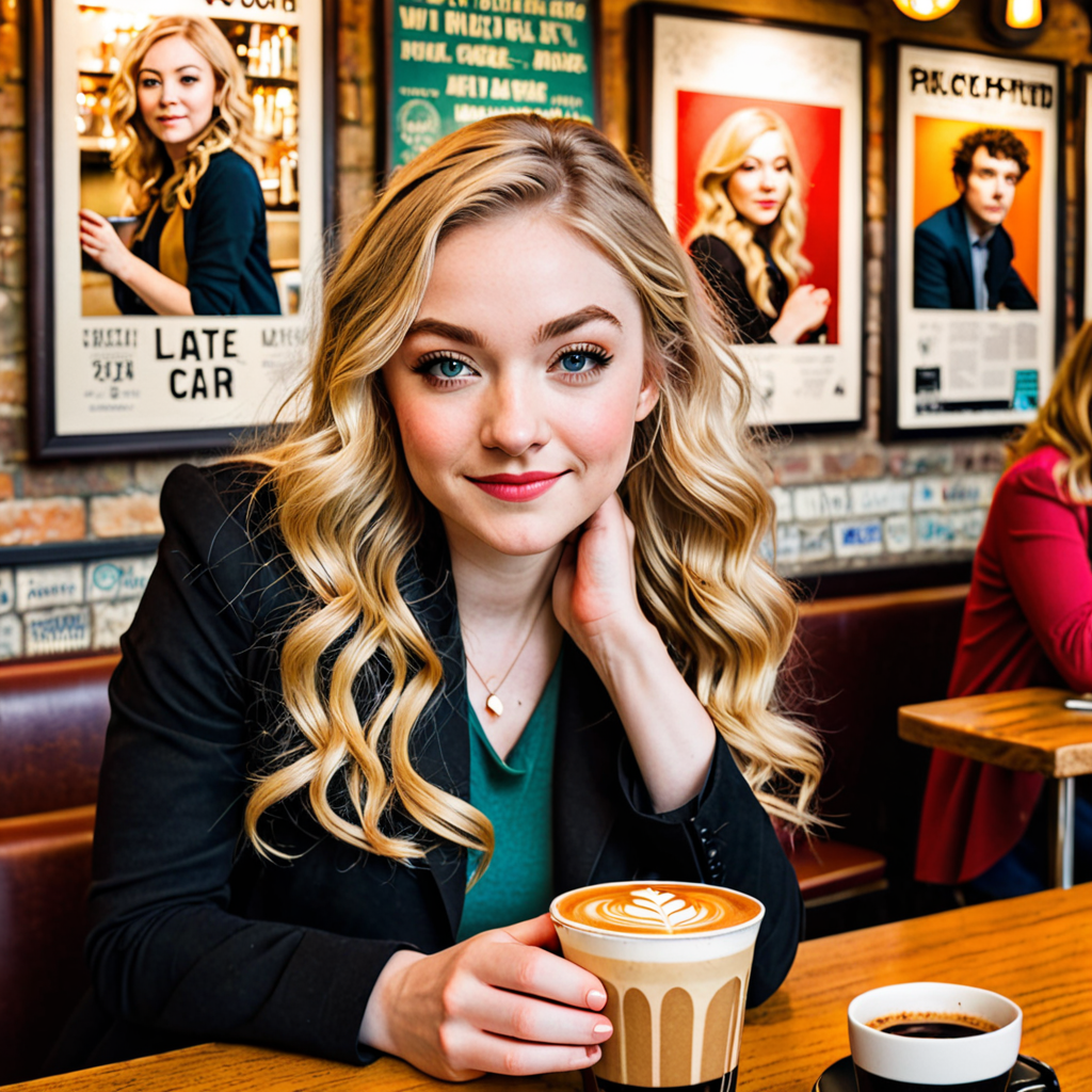 emily kinney with wavy curled hair, in coffee shop, with latte with ...