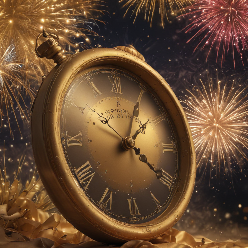 Golden Pocket Watch Surrounded by Spectacular Fireworks Celebrating New ...