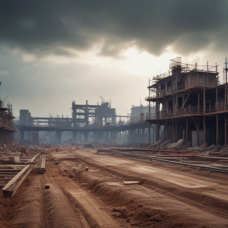 Abandoned Construction Site with Crumbling Structures and Overcast Skies