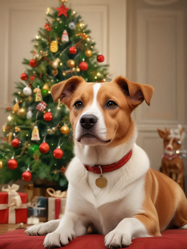 A Festive Holiday Scene Featuring a Dog Relaxing by a Christmas Tree