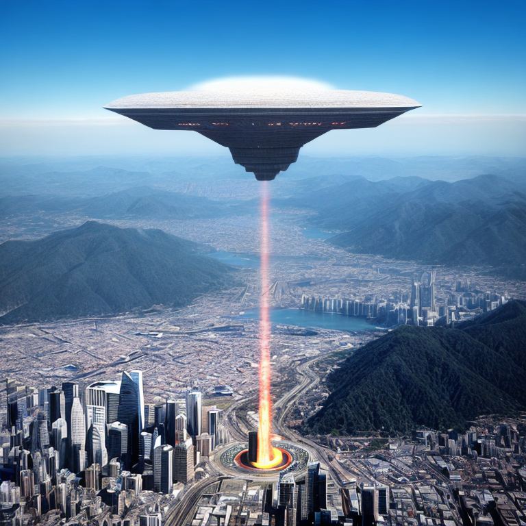 advanced alien civilization, semi-aerial view, busy city, flying ...