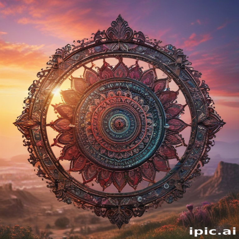 Intricate Mandala Design Against a Breathtaking Sunset Landscape Scene