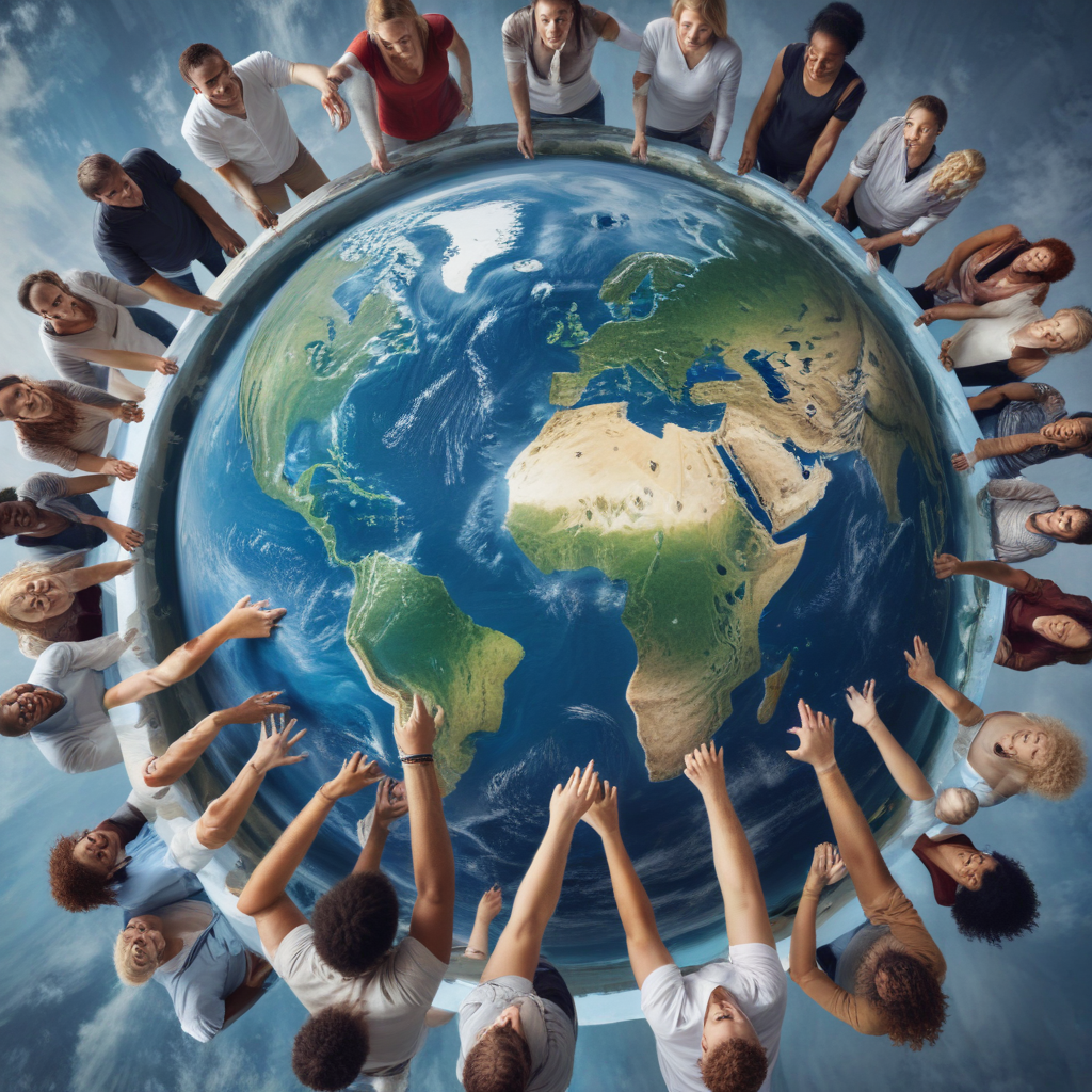 Show people infront of the planet earth.