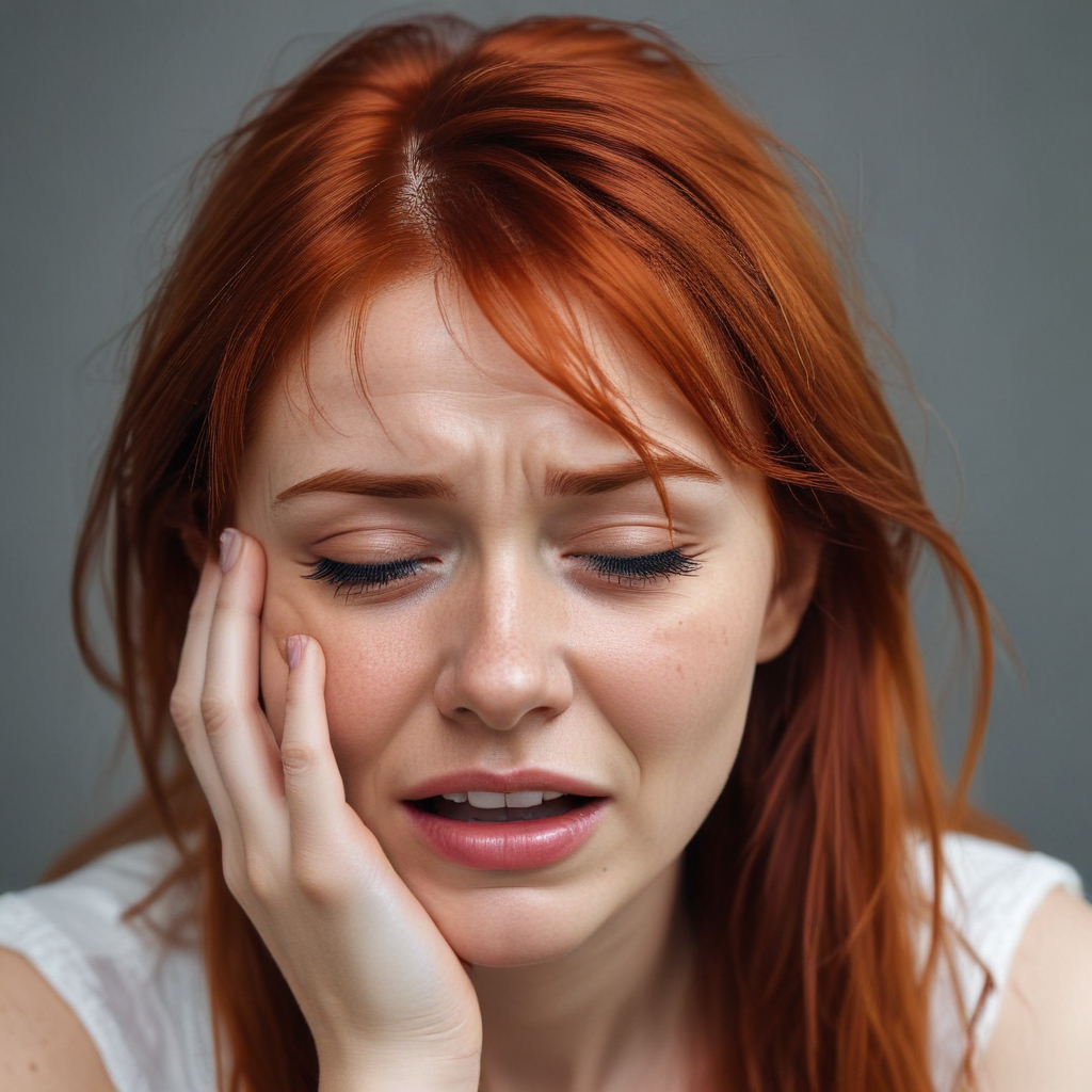 Thin woman with red hair crying very sadly