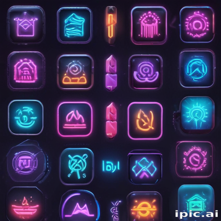 Colorful Neon Icons Representing Various Elements and Symbols in a Grid