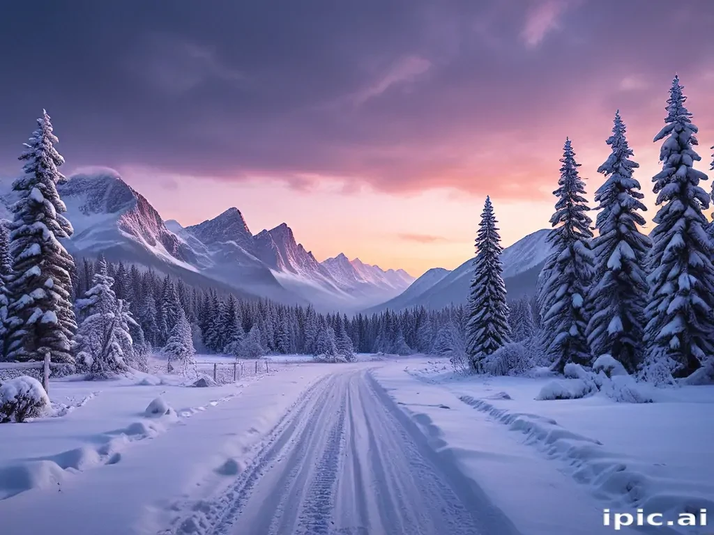 Serene Winter Landscape with Snow-Covered Mountains and Pine Trees at Dusk