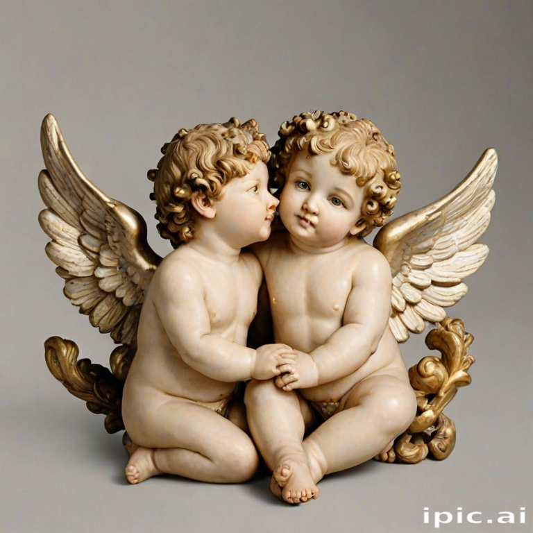 Two Cherubic Children Embracing, Surrounded by Delicate Golden Wings