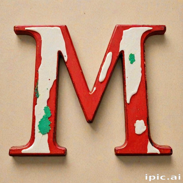 A Bold Red Letter M with Colorful Paint Splashes and Texture.