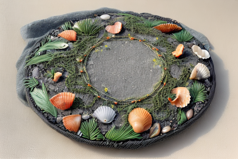 sun plants ocean shells rocks silver and gold chords connecting the ...