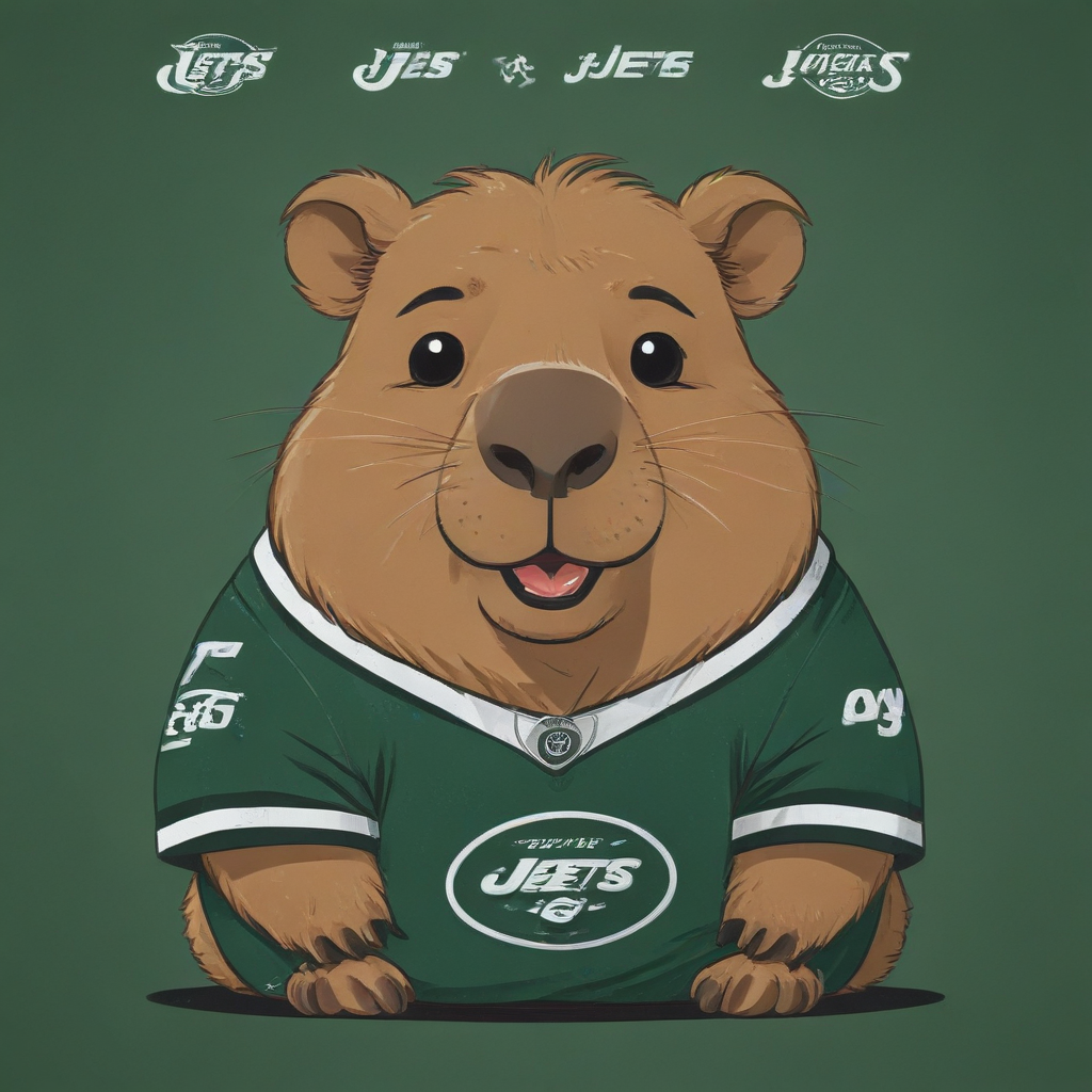 Crying cartoon capybara with a New York Jets jersey on