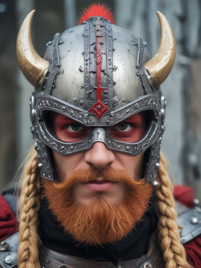 Red Devil eyes Blonde hair and a Red beard Nordic Viking with full face ...