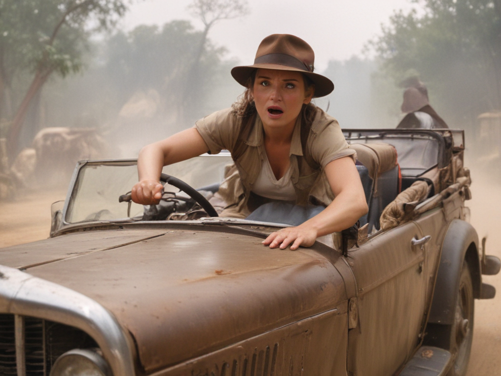 Indiana Jones is grabbing onto the hood of a car. a woman is driving ...