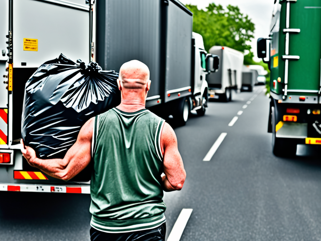 realistic handsome bald older muscular garbagemen from behind carrying ...