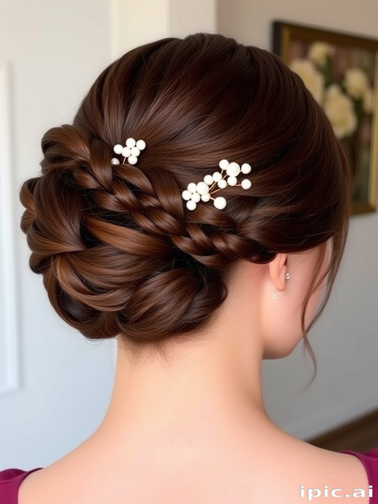 Elegant Updo Hairstyle Adorned with Floral Hairpins for Special Occasions.