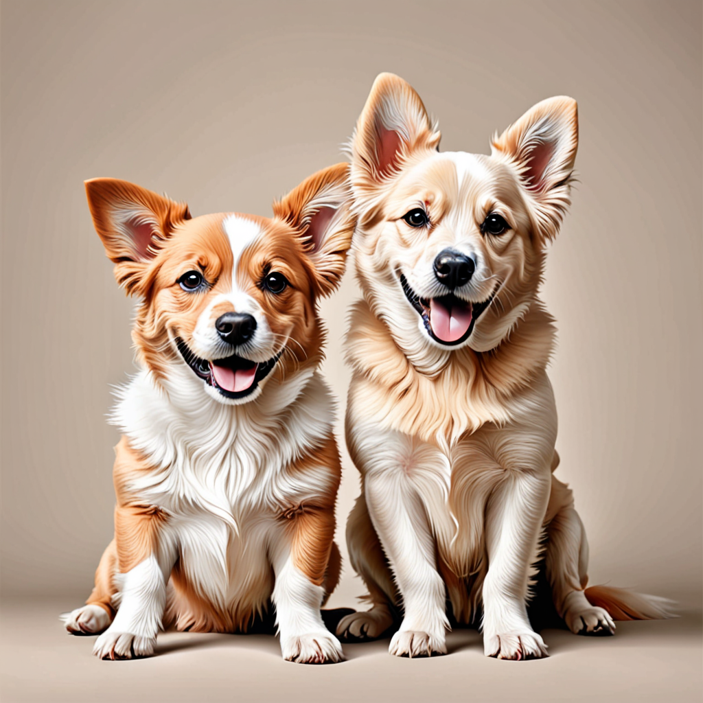 happy cute, 2 dogs, playing, white background, realistic graphic design ...