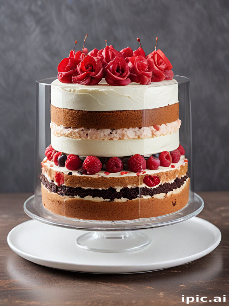 A Beautifully Layered Celebration Cake Adorned with Fresh Berries and Roses