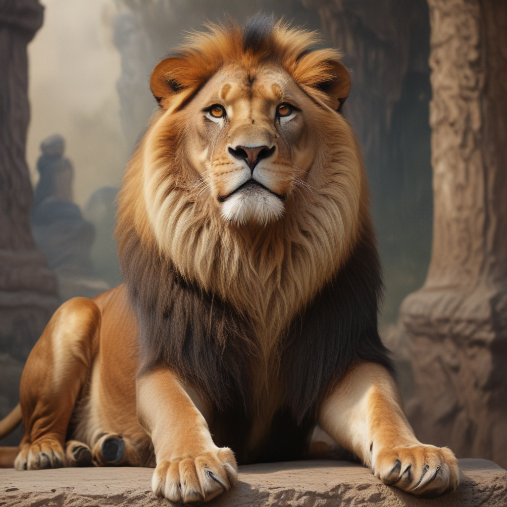 Lion King: Image of the majestic lion king, Raja Sher, sitting on his ...