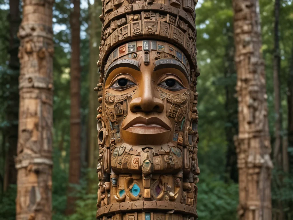 Intricately Carved Wooden Totem Standing Tall Among Lush Green Forest