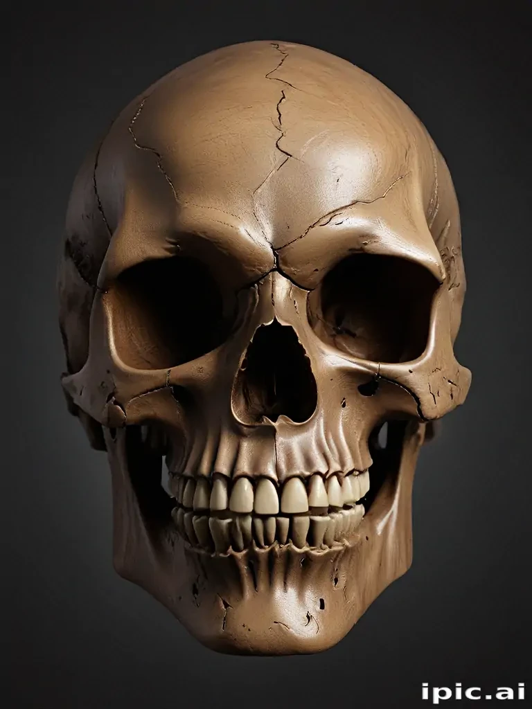 A Realistic Sculpture of a Skull with Detailed Cracks and Features.