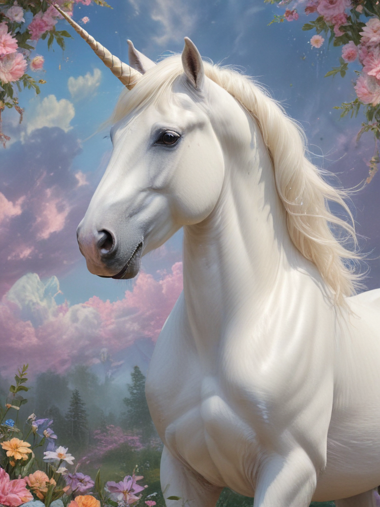Majestic Unicorn Standing Gracefully Amidst a Colorful Floral Background