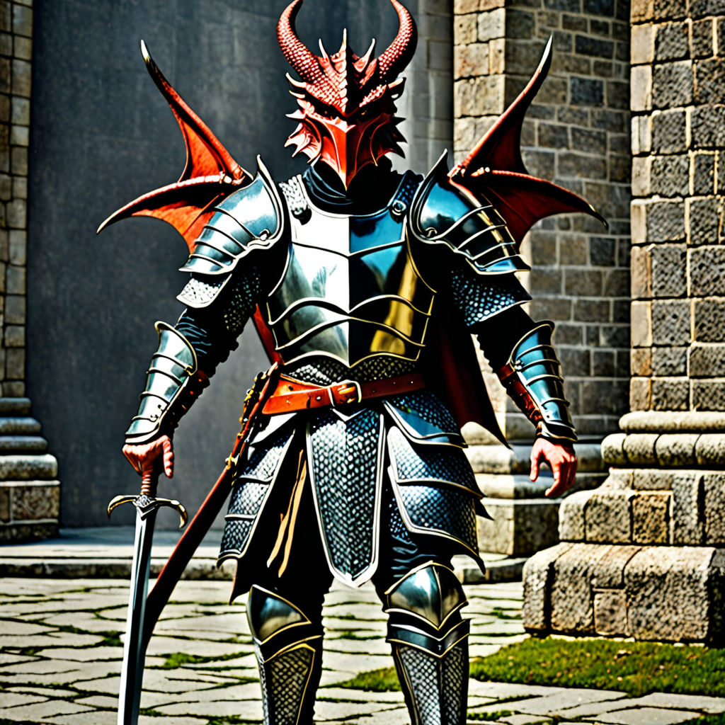 a dragon-headed man with scale armor and a sword