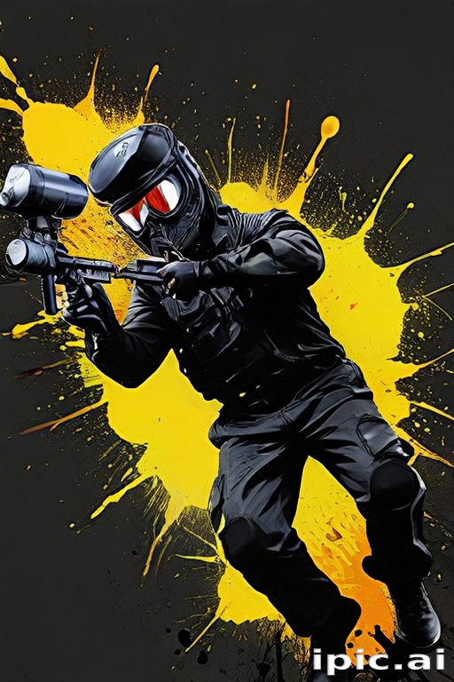 Dynamic Action Shot of a Paintball Player in Mid-Flight with Paint Splatter