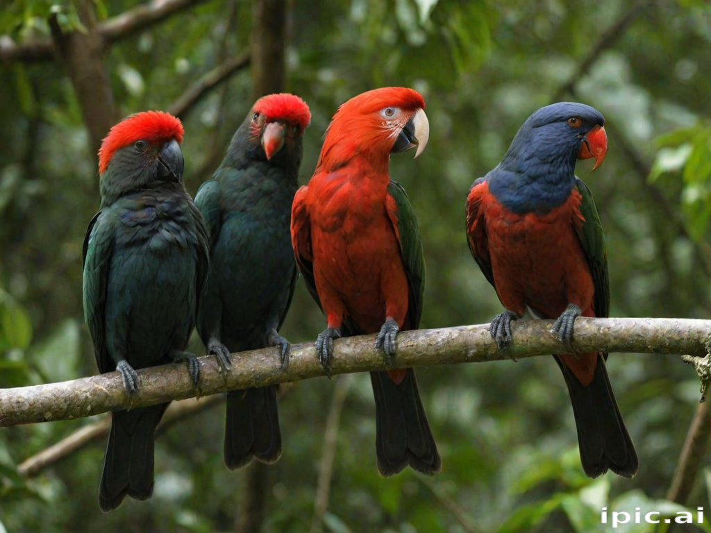 Vibrant Parrots Perched Together on a Branch in Lush Greenery