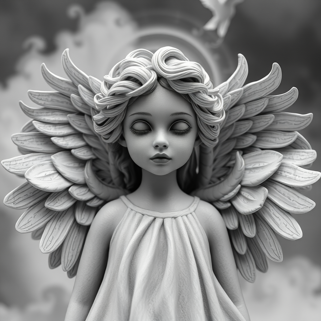 A Serene Angelic Figure with Intricate Wings Surrounded by Ethereal Clouds.