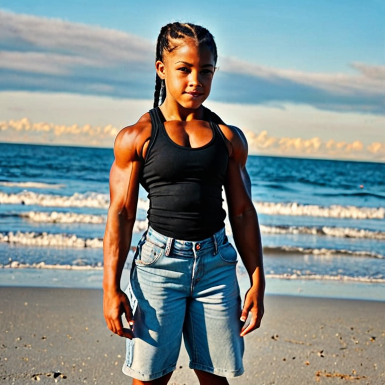 a thick ripped very muscular female kid bodybuilder with enormous ...