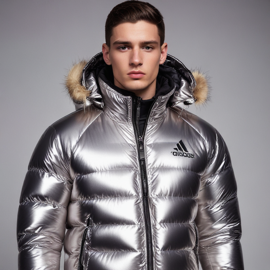 male supermodel adidas shiny super puffer jacket bling jewellery hood