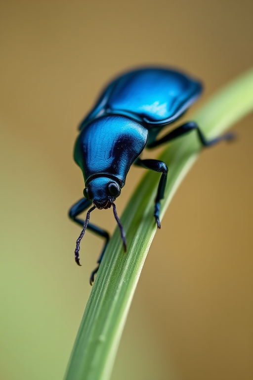 A Close-Up View of a Vibrant Blue Beetle on a Green Stem