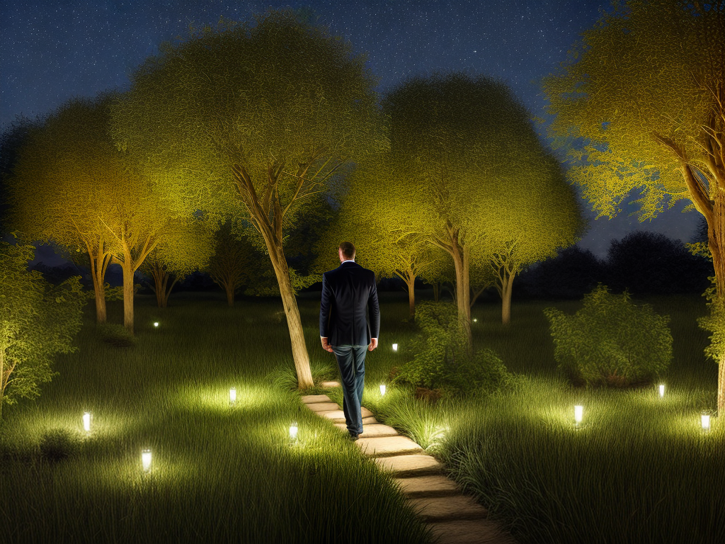 A terrifying garden at night shows a tall man with distorted features
