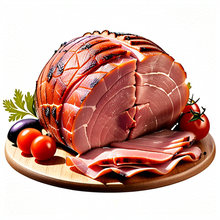A Deliciously Sliced Glazed Ham Surrounded by Fresh Vegetables and Herbs.
