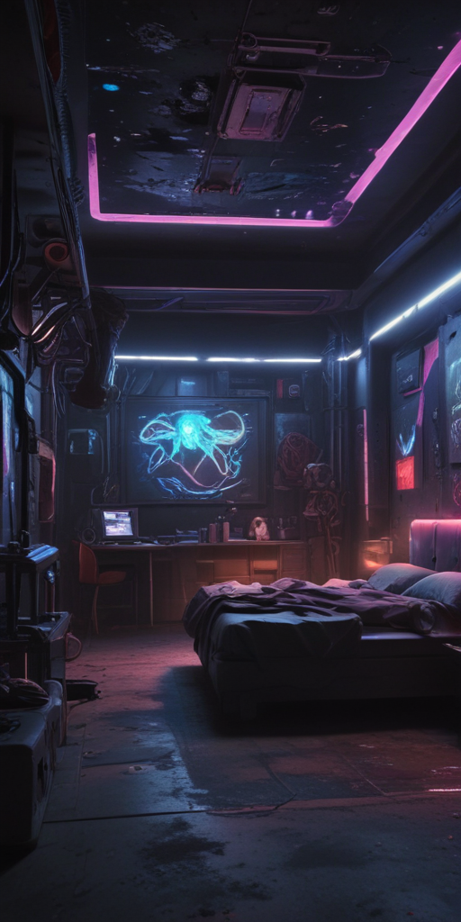 Cyberpunk room with neon lights on the ceiling