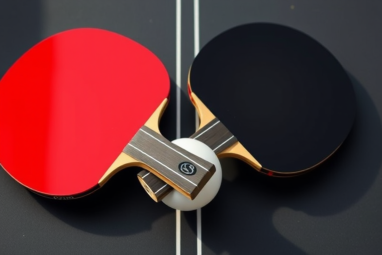 Two Table Tennis Paddles in Red and Black with White Ping Pong Ball