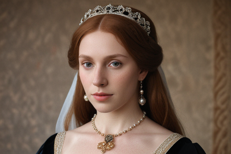 realistic photo of queen Catherine Howard, soft features, auburn hair ...