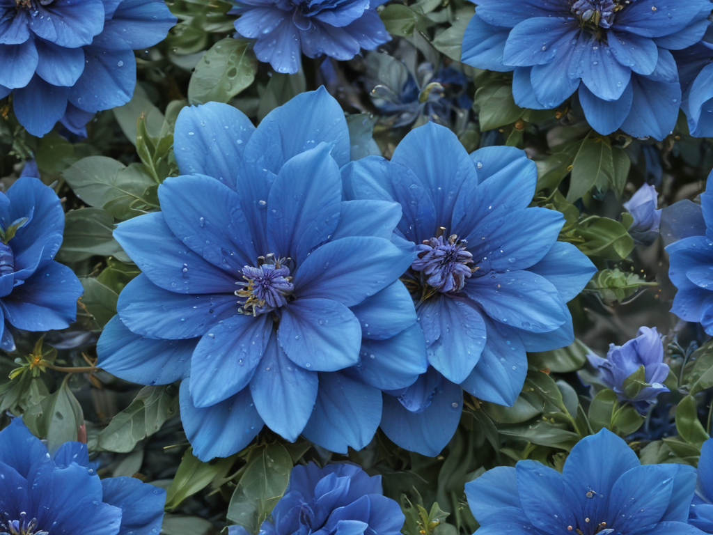 A Lush Garden of Vibrant Blue Flowers Glistening with Morning Dew.