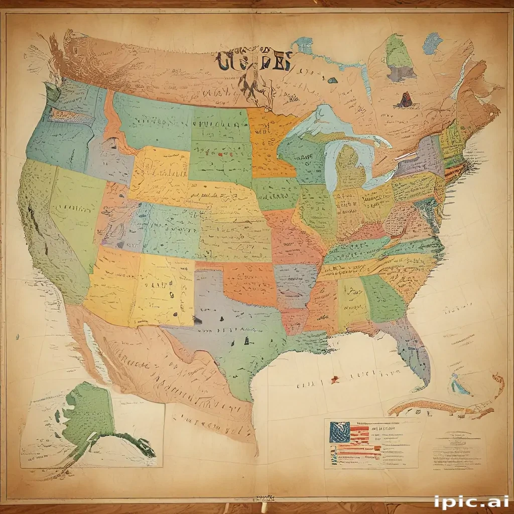 Historical Map of the United States Highlighting States and Territories ...