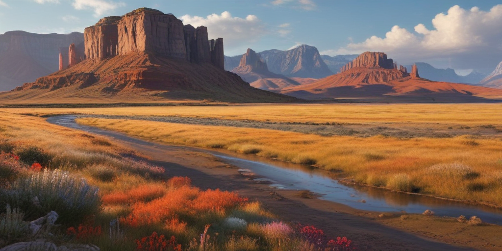 Serene Landscape of Monument Valley with Colorful Flora and Majestic ...