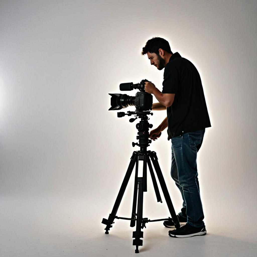 full body side view silhouette of a single cinematographer looking thru ...