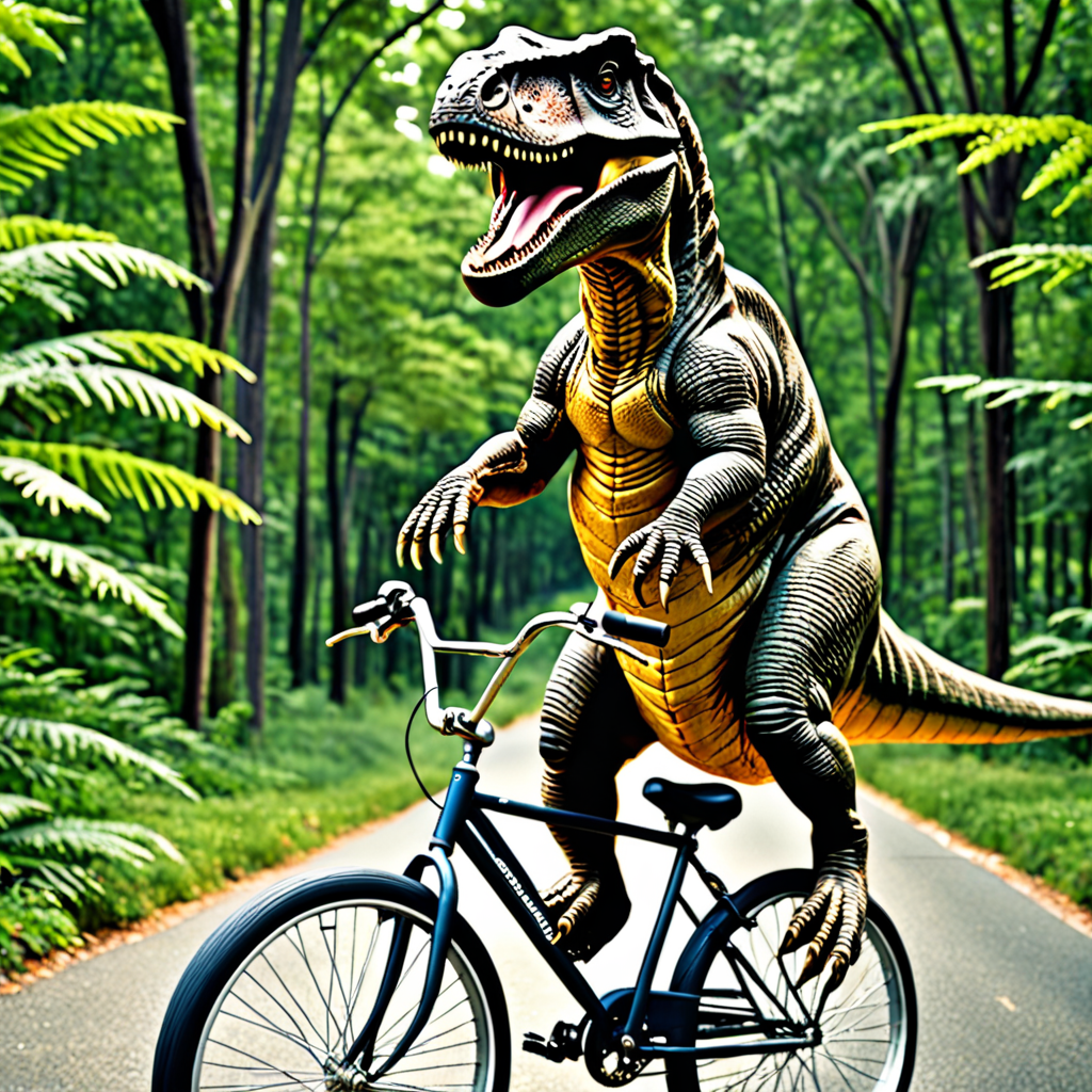 Hyper realistic photo dinosaur riding a bike with jesus