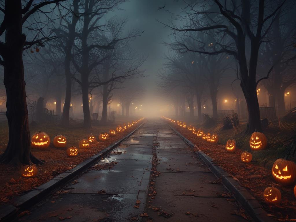 Enchanted Halloween Night: A Spooky Pathway Adorned with Glowing Jack-o'-Lanterns