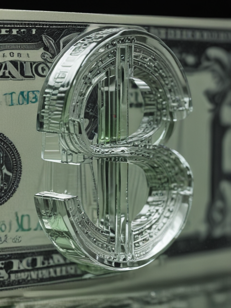 Transparent Glass Dollar Sign Overlaid on Background of Dollar Bill