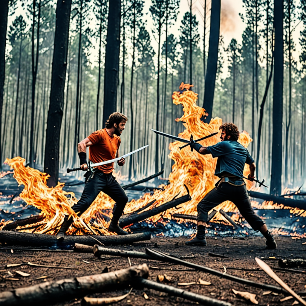 Two men fighting with swords in the middle of forest on fire. Cartoon ...
