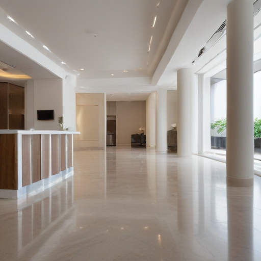 elegant hotel reception area with pristine white walls and gleaming floors