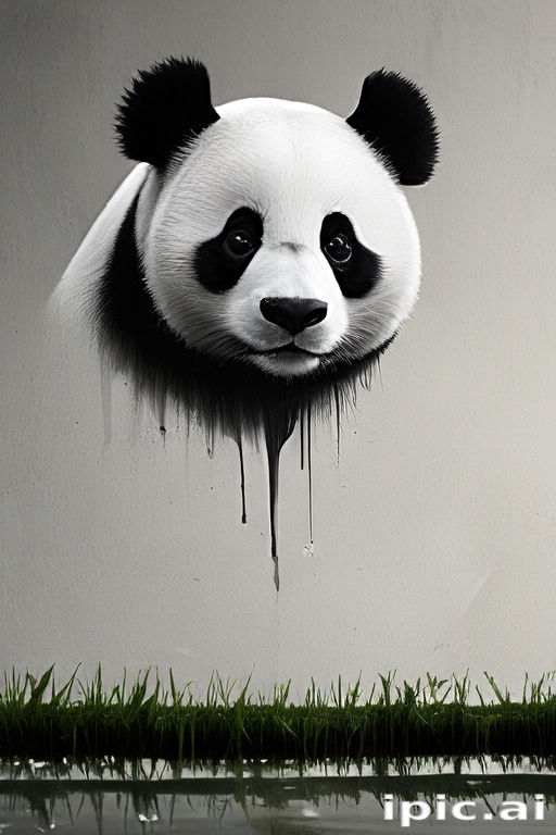 Whimsical Panda Head Art with Dripping Paint and Lush Green Grass