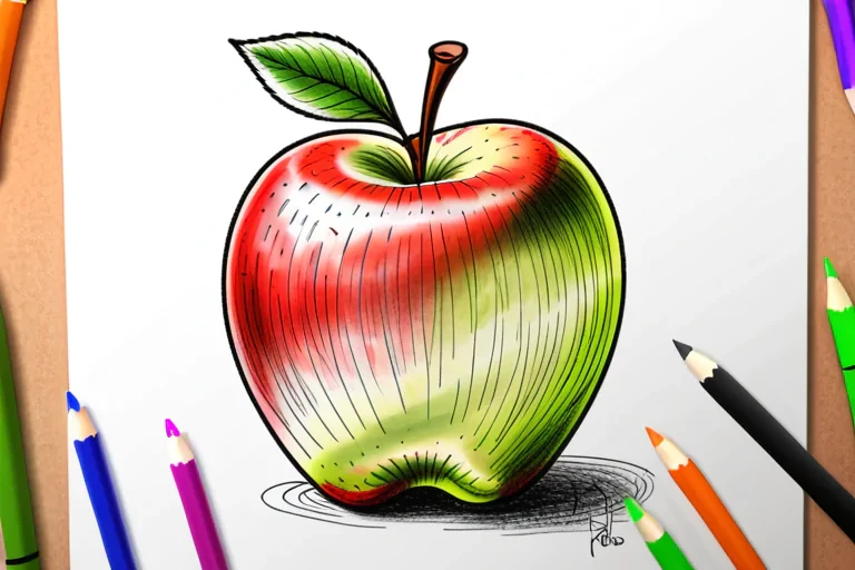 Colorful Drawing of an Apple Surrounded by Vibrant Art Supplies